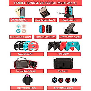 Switch Accessories - Family Bundle Accessories for Nintendo Switch, Carry Case& Screen Protector,4 Pack Joy Con Grips and Steering Wheels, Case Cover,Stand Mount,Joy Con Charger and More.