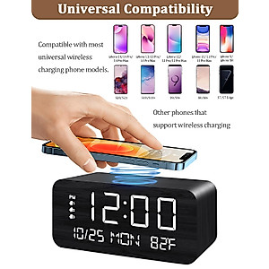 Digital Alarm Clock, with Wooden Electronic LED Time Display, 3 Alarm Settings, 10W Wireless charging, Day of the week, Temperature Detect, Wood Made Digital Clocks for Office, Bedroom, Bedside, Black