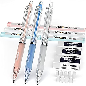 Nicpro 3 PCS Pastel Mechanical Pencil 0.7 mm for School, with 6 tubes HB Lead Refills, 3 Erasers, 9 Eraser Refills for Student Writing, Drawing, Sketching, Blue & Pink & White Colors - with Cute Case