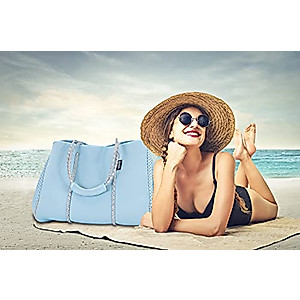 QOGiR Neoprene Multipurpose Beach Bag Tote with Inner Zipper Pocket (Light Blue, Large)