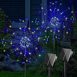 Solar Garden Lights Outdoor Christmas Decorations, 2 Pack 210 LED 2 Lighting Modes Waterproof Fireworks Lamps, Starburst String Lights for Patio Yard Pathway Parties Landscape Decor(Colorful)