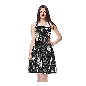 EKOBLA Magical Witchcraft Aprons Hand Eyes Moon Skull Cat Bat Snake Dagger Mushroom Key Waterproof Resistant Chef Cooking Kitchen BBQ Adjustable Aprons for Women Men 27x31 Inch