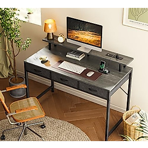 Huuger 47 inch Computer Desk with 3 Drawers, Office Desk Gaming Desk with LED Lights & Power Outlets, Home Office Desks with Storage Space for Bedroom, Work from Home, Gray