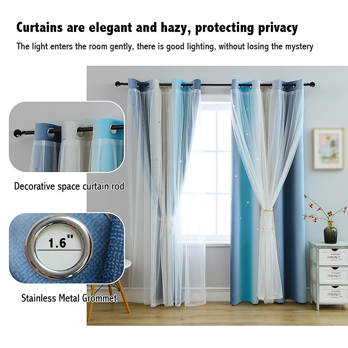 Anytime Dream Star Blackout Curtains for Kids Rooms Girl Princess Curtain for Daughter Bedroom Window (Blue,1 Panel,W52 x L63inch)