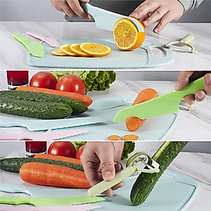 FACATH 5 Pcs Kids Knifes Set, Kitchen Knife and Cutting Board Set, Children's Cooking Knives in 3 Sizes & Colors/Firm Grip, Serrated Edges, BPA-Free Kids' KnivesLettuce and Cutting Board Peeler