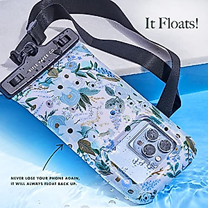 Rifle Paper Co. IP68 Floating Waterproof Phone Pouch / Case (Regular Size) Floating Waterproof Phone Case - iPhone 14 Pro Max/ 13 Pro Max/ 12 Pro Max/ 11/ S23 - Detachable Lanyard - Garden Party Blue