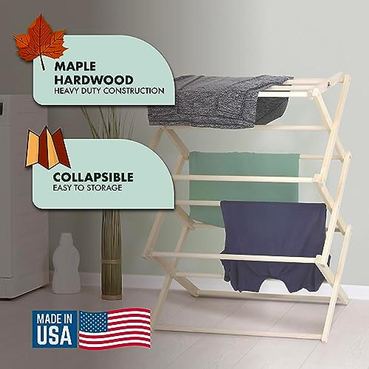 Pennsylvania Woodworks Premium American Maple Clothes Drying Rack - Handcrafted in Pennsylvania - Solid Wood Construction, Collapsible, Eco-Friendly Laundry Solution (Large)