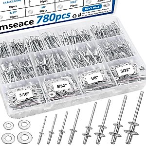 smseace 780Pcs Silver Pop Rivets with Washer Assortment Kit 14-Sizes SAE Aluminum Rivets(3/32 inch1/8 inch5/32 inch3/16 inch1/4 inch) Assorted Blind Rivets for Metal,Furniture,Automotive,Instrument