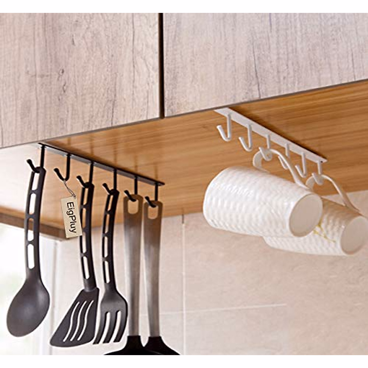 EigPluy 2pcs Mug Hooks Under Cabinet Cups Wine Glasses Storage Hook Multifunction Nail Free Coffee Cups Holder Kitchen Utensil Holder Ties Belts Scarf Hanging Hooks Rack Holder,White