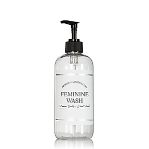 Refillable Clear PET Plastic 16 oz Feminine Wash Bottle with Black Plastic Pump Dispenser - Chrome Accent Waterproof Labeled Bottle