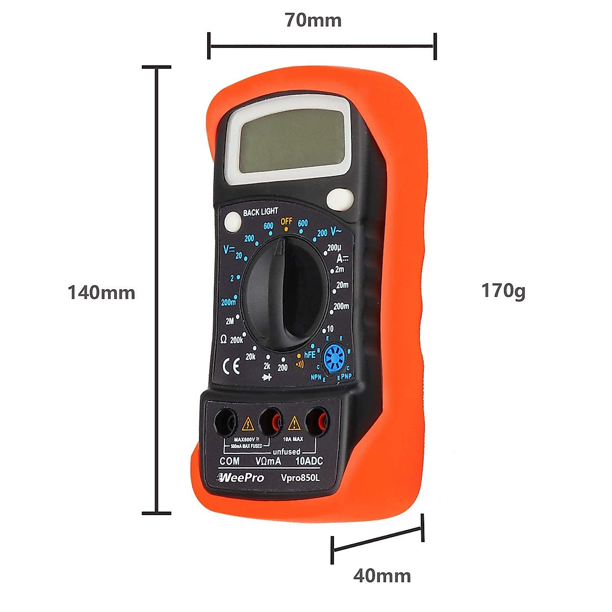 WeePro Vpro850L Digital Multimeter DC AC Voltmeter, Ohm Volt Amp Test Meter, Electric Tester Ohmmeter with Diode and Continuity Detector, Backlit Display and Insulated Rubber Case Kickstand