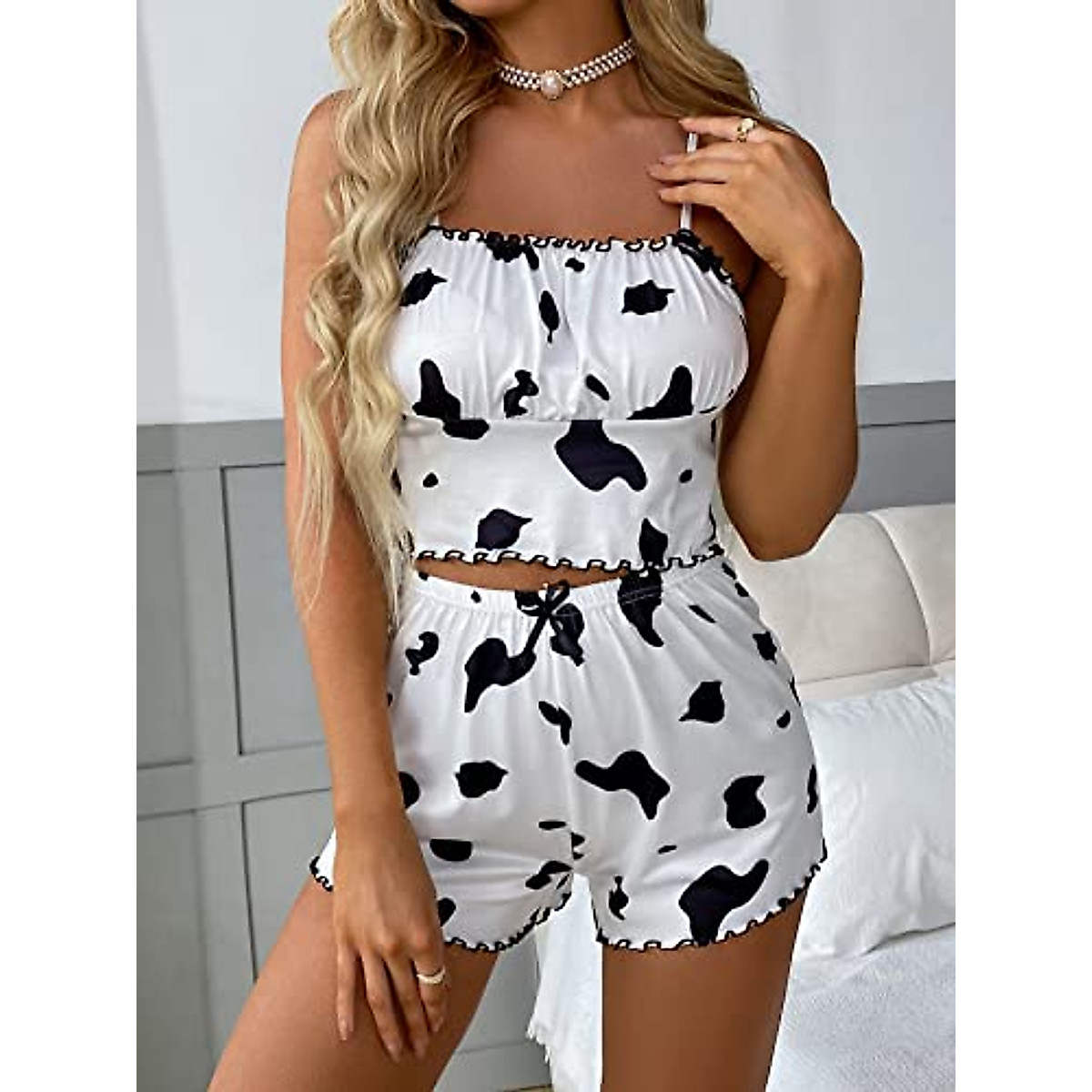 WDIRARA Women's 2 Piece Sleepwear Satin Cow Print Crop Cami Top and Shorts Summer Pajama Set Cute White M