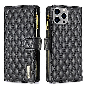 SUPWALL Wallet Case Compatible for iPhone 14 Pro Max | Flip Leather Case with Removable Wristlet Strap and 9 Card Holder | Magnetic Closure Case with Zipper for Men Women | Black