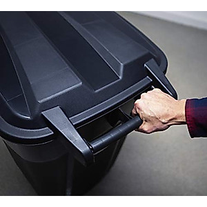 United Solutions 32 Gallon Outdoor Waste Garbage Bin with Attached Lid, Heavy-Duty Handles, Snap Lock , Wheeled Trashcan, Black