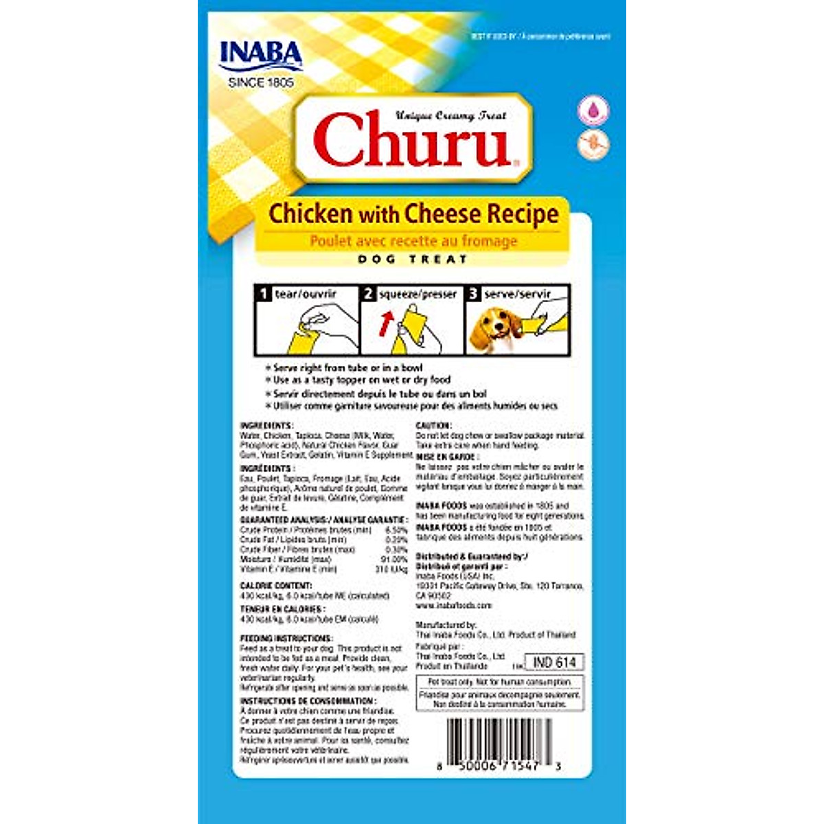 INABA Churu for Dogs, Grain-Free, Lickable, Squeezable Creamy Purée Dog Treat/Topper Tubes, Chicken with Cheese, 0.5 Ounces Each, 4 Count (Pack of 8)