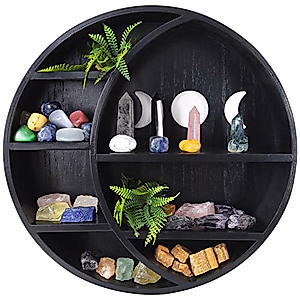 Crescent Moon Shelf Wall Decor - Black, Unique, Moon Shaped Floating Shelves for Crystal, Stones, Essential Oil Display Holder - Wooden Boho Wall Decor for Bedroom, Dorm, Living Room, Nursery