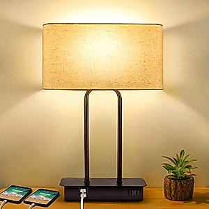 3-Way Dimmable Touch Control Table Lamp with 2 USB Ports and AC Power Outlet Modern Bedside Nightstand Lamp with Fabric Shade and Metal Base for Guestroom Bedroom Living Room & Hotel LED Bulb Included