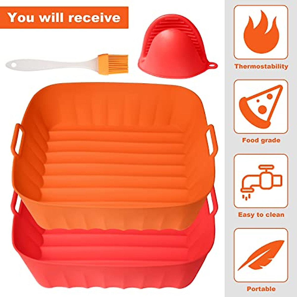 2-Pack Air Fryer Silicone Liners Square, 8.3 inch Silicone Air Fryer Basket or Liners for 4 to 8 QT Reusable Air Fryer Pot for Oven Microwave Accessories (Red+Orange)