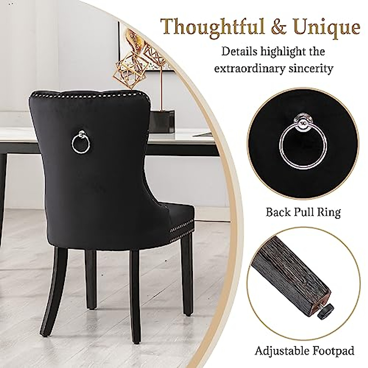 civama Dining Chairs Set of 2, Velvet Nikki Collection Dining Room Chair Upholstered Modern Luxury Tufted with Nailhead Trim Back Pull Ring Solid Wooden Legs, Black