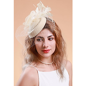 Cizoe Fascinators Hats 20s 50s Hat Pillbox Hat Cocktail FlowerTea Party Headwear with Veil for Girls and Women(Beige)