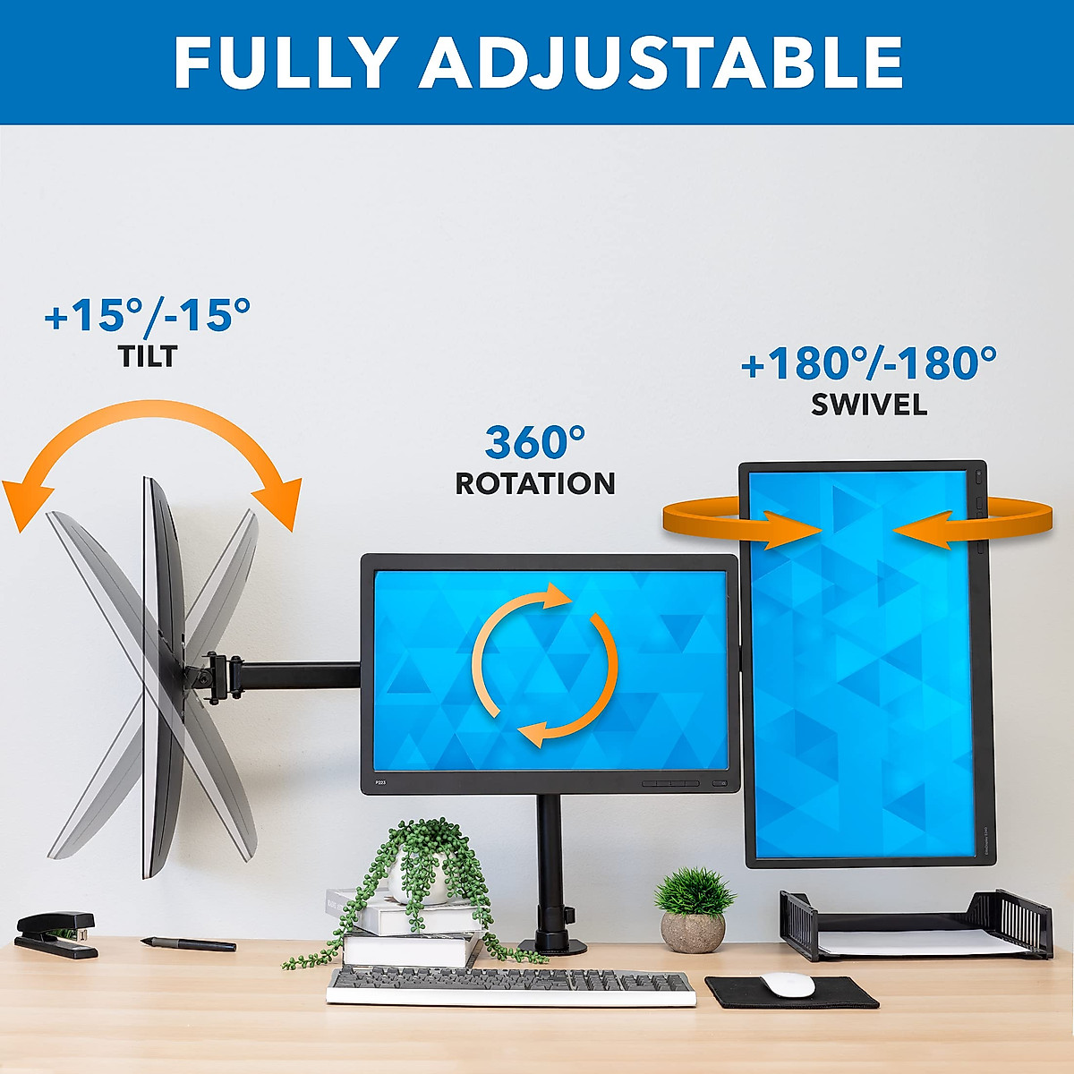 Mount-It! Triple Monitor Mount 3 Screen Desk Stand for LCD Computer Monitors for 19 20 22 23 24 27 Inch Monitors VESA 75 and 100 Compatible Full Motion, 54 lbs Capacity (MI-1753),Black