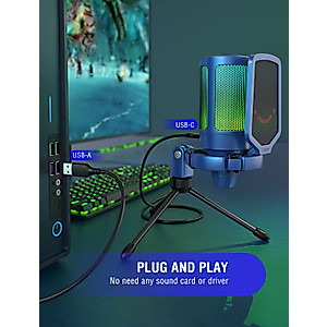 FIFINE Gaming Streaming USB PC Microphone for Mac OS/Windows, AmpliGame Condenser Cardioid Mic with RGB for Video Vocal Recording Twitch Discord, Gamer Computer Mic-Blue
