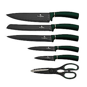 Berlinger Haus Kitchen Knife Set with Block, 7 Piece Knives Set for Kitchen, Elegant Design Cooking Knives with Kitchen Shears, Sharp Cutting Stainless Steel Chef Knife Set with Mobile Stand, Green