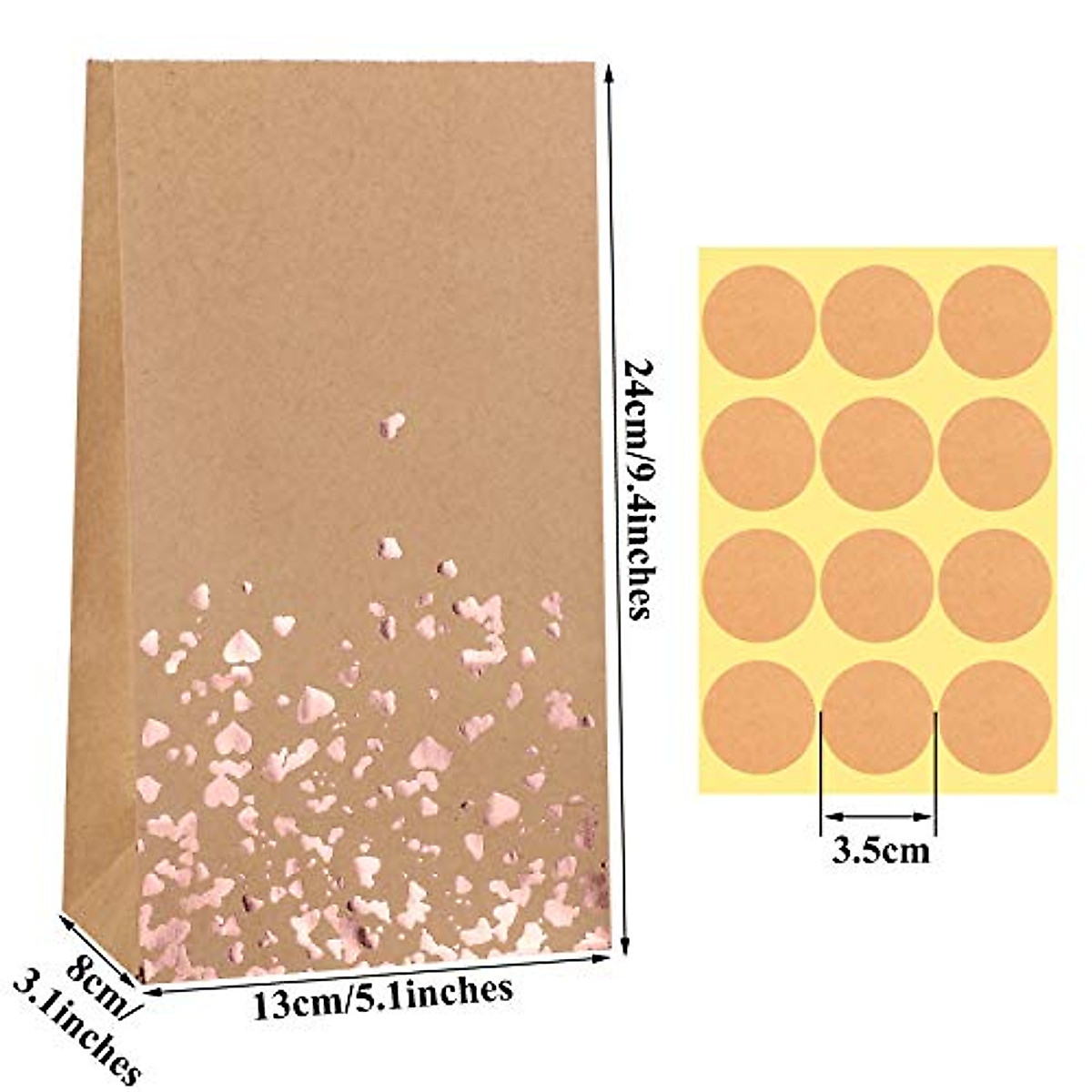 Cooraby 30 Pieces Kraft Paper Bronzing Rose Gold Bags with 48 Stickers Candy Gift Paper Bags for Wedding, Birthday, Tea Party, Gift, and Party Celebrations