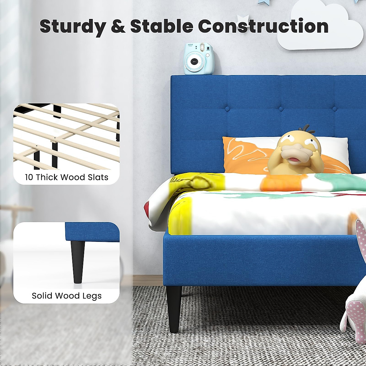 Giantex Twin Bed Frames for Kids, Modern Fabric Linen Upholstered Platform Bed Frame with Button Tufted Headboard and Wooden Slats, No Box Spring Needed, Kids Twin Bed for Boys Girls, Navy Blue