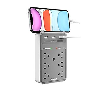 Huntkey Multi Plug Outlet 3 USB Ports 3.4 Amp with Phone Cradle, 6 AC Surge Protector Outlet 1080 Joules for Bathroom Dorm Room Office