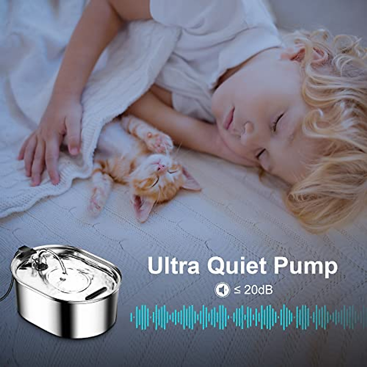 Cat Water Fountain Stainless Steel - Water Fountain for Cats Inside with Ultra-Quiet Pump, 3.2L/108oz Cat Fountains for Drinking, Automatic Cat Fountain Water Bowl for Multiple Pets