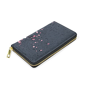 Cherry Blossom Black Leather Long Wallet Organizer with Zipper Purse Clutch Bag for Women Men