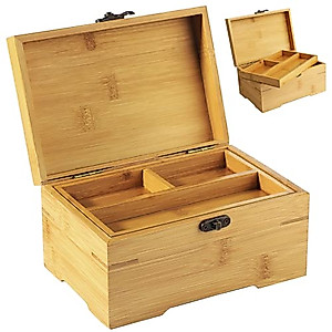 CDOKY Large Wooden Box with Hinged Lid, Bamboo Wood Multi-purpose Storage Box with Tray 2 Compartments, Natural Wood Organizer for Photos, Jewelry Home Office Decor, 7 x 5 x 4 in (Large)