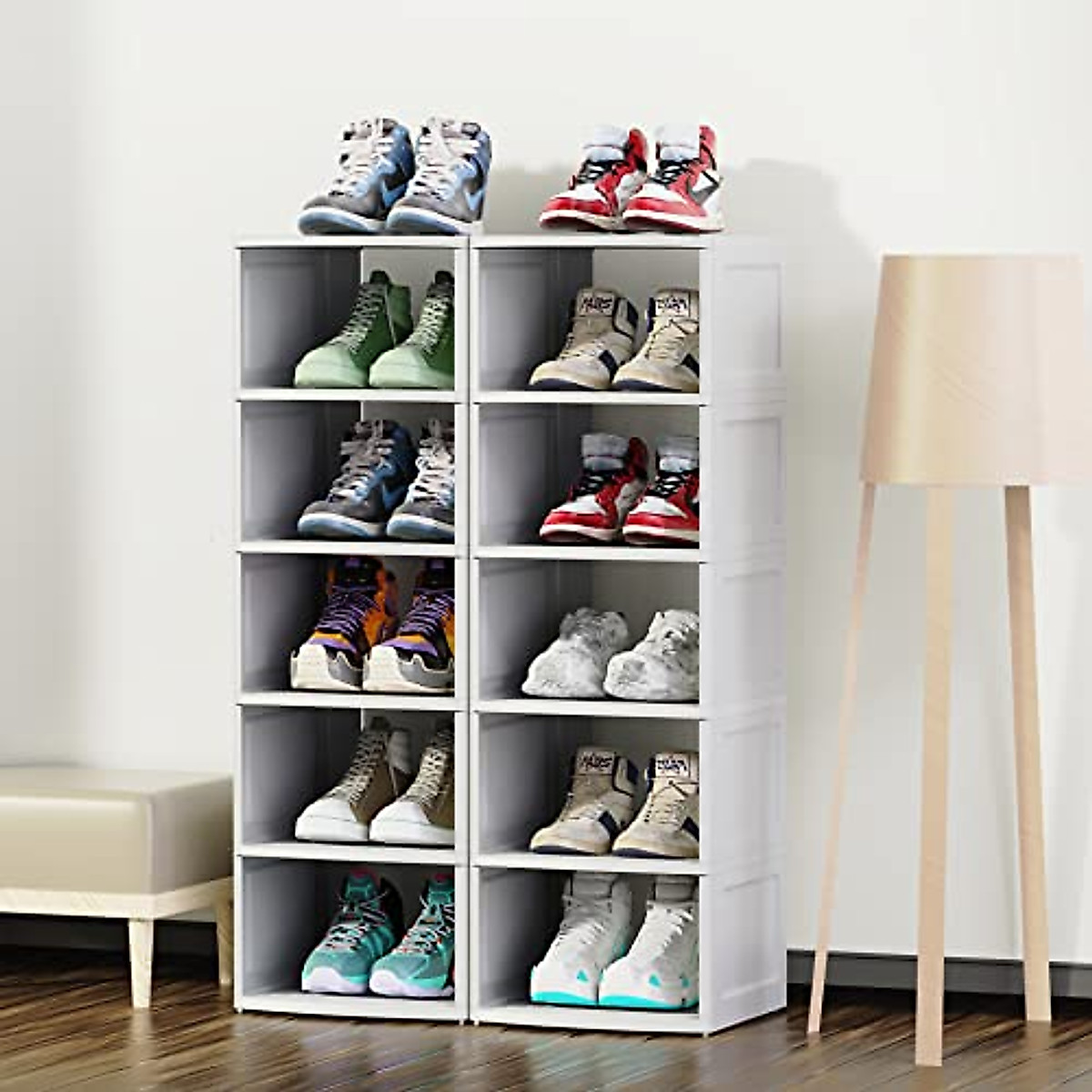 KOUPA 6-Tier Shoe Rack Storage Organizer，Stackable and Adjustable Multi-Function shoe boxes，Space Saving Shoe Shelf Bins ,Extra Large Capacity, Shoe Cubby（Grey）