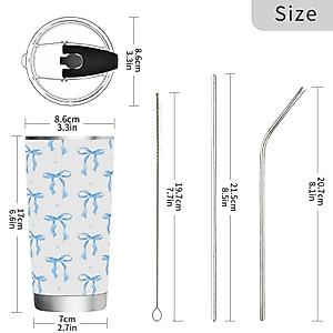 Blueangle 20oz Tumbler with Lid and Straw, Stainless Steel Vacuum Insulated Water Coffee Tumbler Cup, Blue Ribbon Bow Travel Mug Thermal Cup for Hot and Cold Drinks（974）