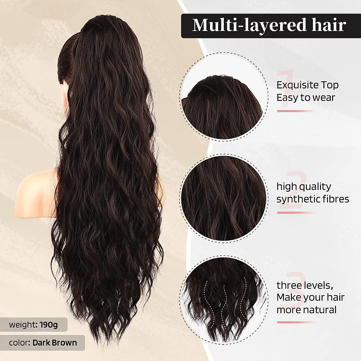 Flufymooz Ponytail Extension, 26 Inch Drawstring Ponytail Hair Extensions for Women，Long Curly Wavy Ponytail Natural Wavy Synthetic Hairpiece for Women Daily Use party (26 Inch Black Brown)