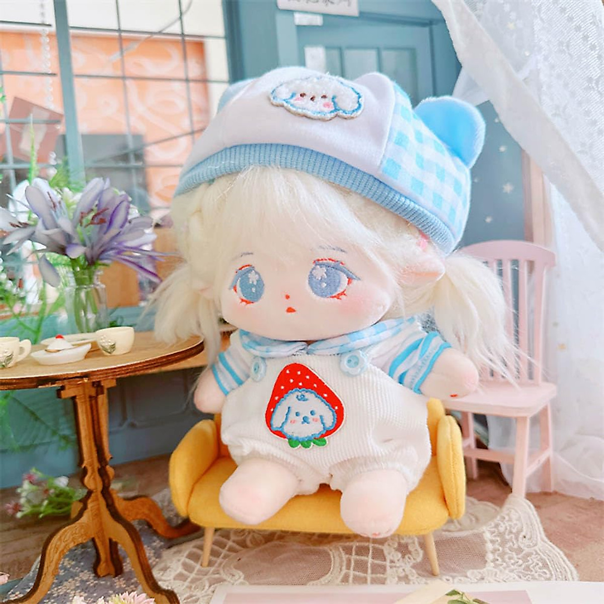 niannyyhouse 20cm Plush Doll Clothes Hat T-Shirt Overalls Milk Cover Set 8in Soft Stuffed Plush Toy Dress Up Accessories (Blue)