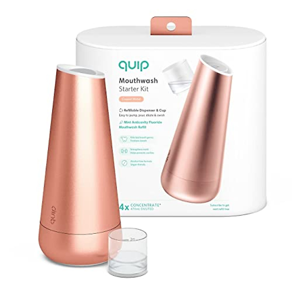 Quip Refillable Mouthwash Starter Kit, 4X Concentrate, Alcohol-Free, Kills Bad Breath Germs, Helps Prevent Cavities, Mint - Copper Metal, 1, 4.0 Fl Oz (920-00116)