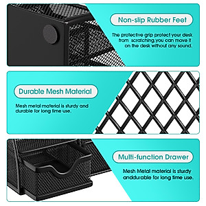 MaxGear Mesh Desk Organizer Office Desktop Organizer with Drawer, Metal Stationary Organizer Black Desk Caddy, 6 Compartments, 8.7 x 5.5 x 5 inch, 1 Pack