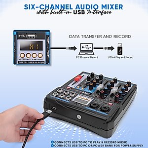 Pyle Professional Wireless DJ Audio Mixer - 6-Channel Bluetooth Compatible DJ Controller Sound Mixer w/ DSP Effects, USB Audio Interface, Dual RCA In, XLR/1/4" Microphone In, Headphone Jack- PMX44T.5