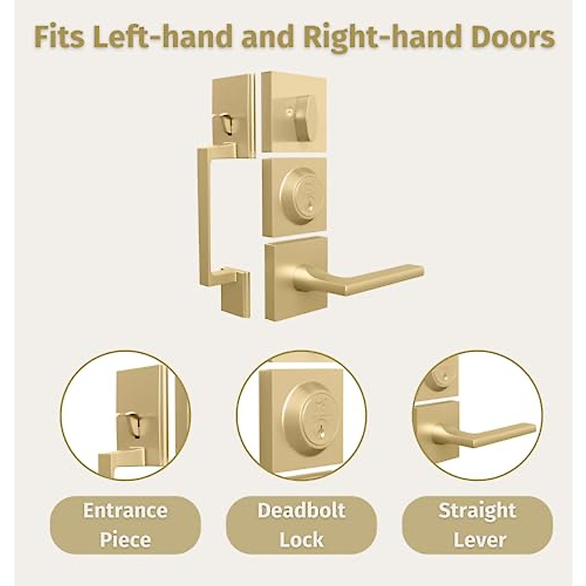 Mega Handles Gold Entry Door Handleset - Single Cylinder Handleset with Lever for Entrance and Front Doors - Modern Door Handles with Design for Left and Right-Handed Doors - Straight Handle