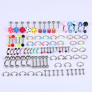 Xpircn 120PCS Piercing Jewelry Kit Piercing Needles Stainless Steel Acrylic 14G 16G Nose Septum Horseshoe Lip Tongue Eyebrow Tragus Belly Tongue Nipple Barbell Rings Tool Kit