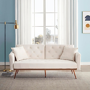 NoeBanJe Mid Century Modern Velvet LoveSeat Couches, Convertible Futon Sofa Bed with Metal Legs and Pillows, Adjustable Sleeper Sofa for Small Spaces, Bedroom Living Room (Beige)