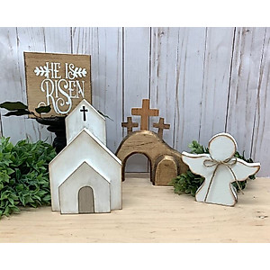 Jesus Easter Tiered Tray Decor Puzzle Statue Wooden Easter Nativity Set Easter Nativity Scene for Farmhouse Holiday Table Decor