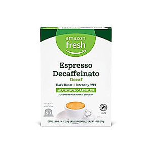 Amazon Fresh Espresso Decaffeinato Dark Roast Aluminum Capsules, Compatible with Nespresso Original Brewers, Intensity 9/13, 50 Count (5 Packs of 10)