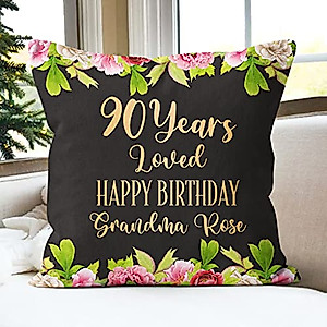 Personalized Square Pillow for Grandmother Grandma from Grandkids Birthday Funny Gifts 90 Years Loved Happy Birthday Flower Custom Name Year Double Sided Sofa Couch Cushion for Birthday