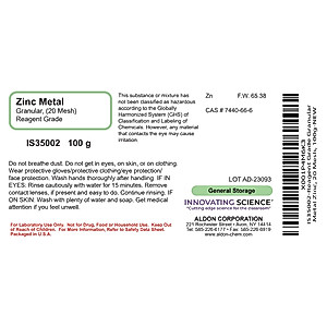 ALDON Innovating Science Reagent Grade Granular Metal Zinc, 20 Mesh, 100g - The Curated Chemical Collection
