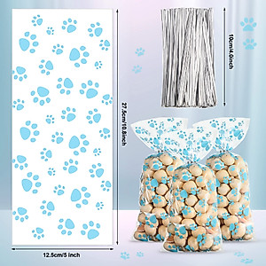 200 Pieces Pet Paw Print Cellophane Bags Dog Party Favor Bags Heat Sealable Treat Bags Dog Paw Gift Bags Cat Candy Bags with 200 Pieces Silver Twist Ties for Pet Treat Party Favor (Blue)