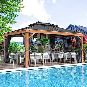 EROMMY 12'x16' Hardtop Gazebo Outdoor Aluminum Wood Grain Gazebos with Galvanized Steel Roof and Mosquito Net for Patios, Deck, Backyard, Curtains & Netting