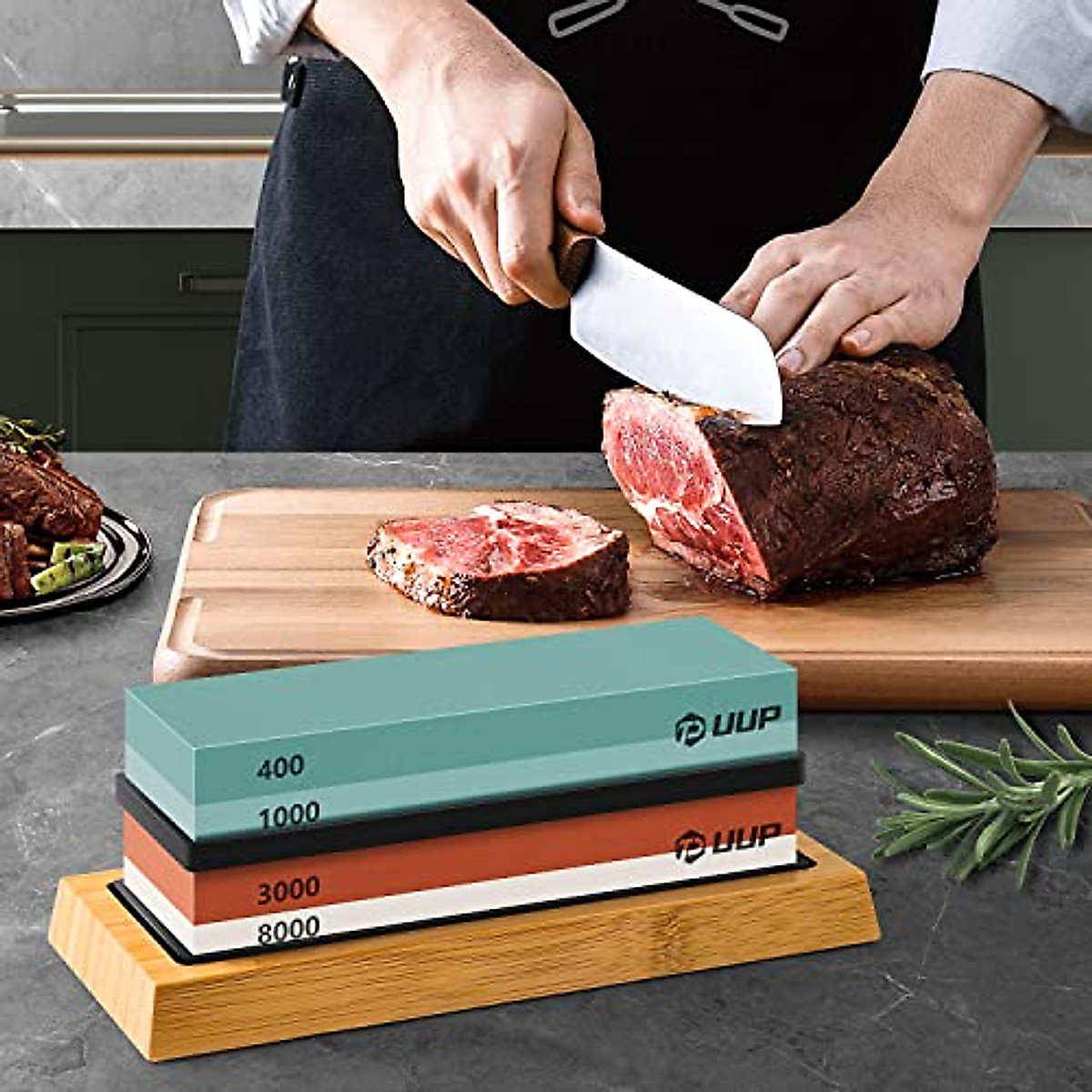 7PCS Knife Sharpening Stones, UUP Whetstone Sharpener Kit with Premium 4 Sides 400/1000 3000/8000 Grit Wet Stone Set, Leather Strop, Angle Guide, Flattening Stone for Kitchen Pocket Knives, Blade